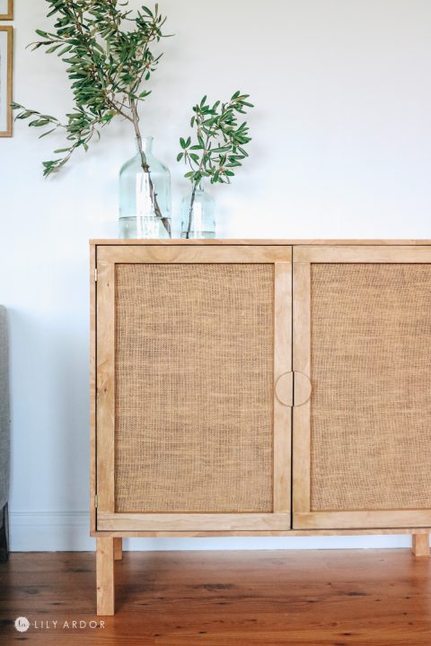 DIY Rattan Cabinet Hack With Burlap - Lily Ardor